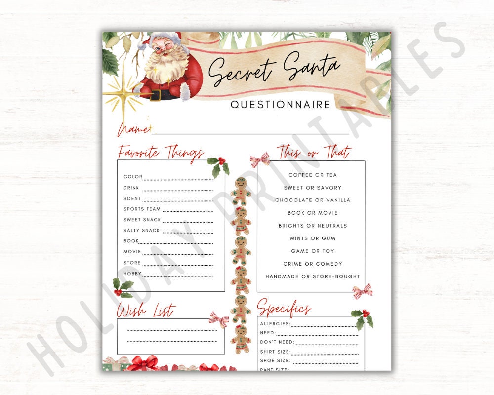 Printable Secret Santa Gift Exchange Questionnaire for Christmas ...