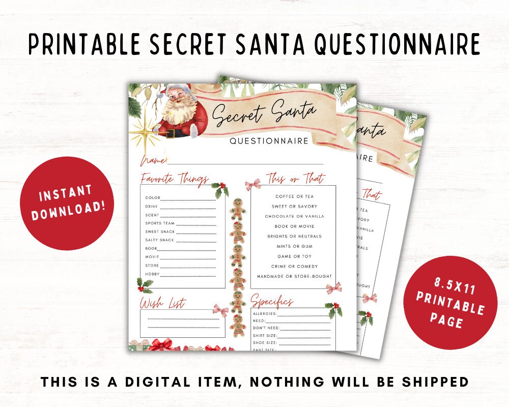 Printable Secret Santa Gift Exchange Questionnaire for Christmas ...
