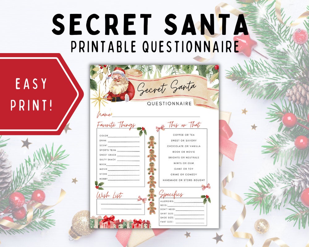 Printable Secret Santa Gift Exchange Questionnaire for Christmas ...
