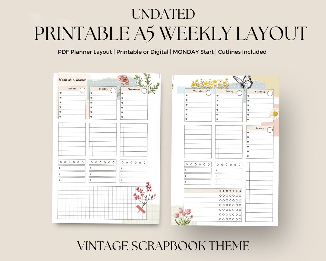 Printable Planner Weekly Layout | A5 Planner Week at a Glance Digital ...