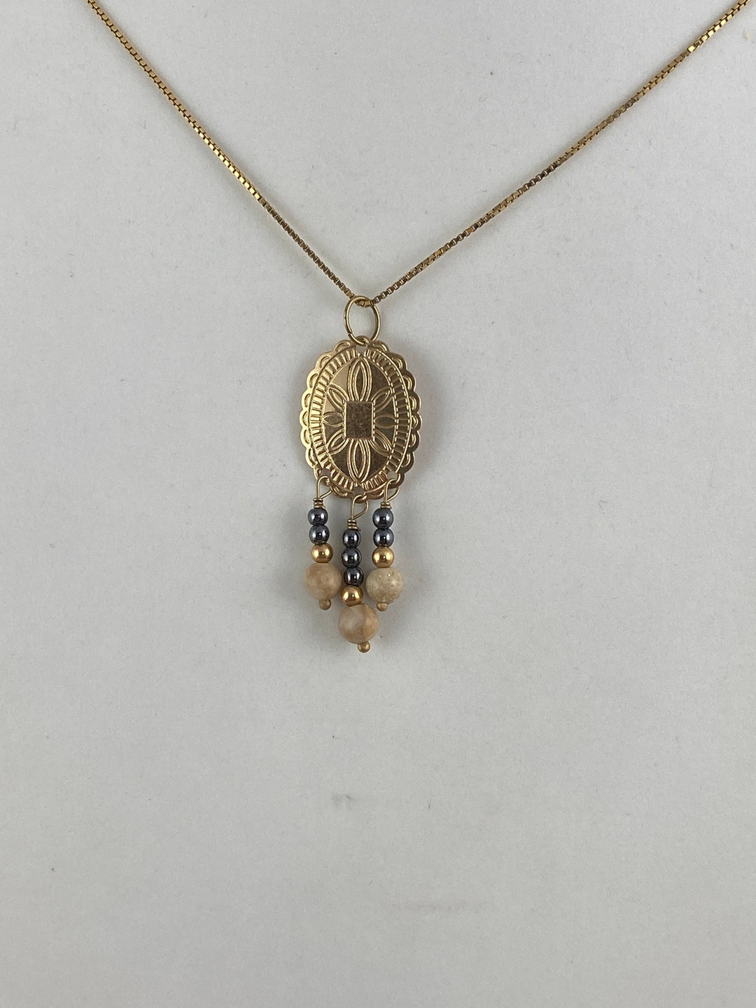 Vintage 14 Karat Gold Concho Flower Pendant With Hematite Beads and ...