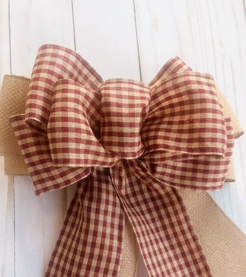 Gingham and Faux Burlap Bow, Small Checkered Bow for Wreaths, Farmhouse ...