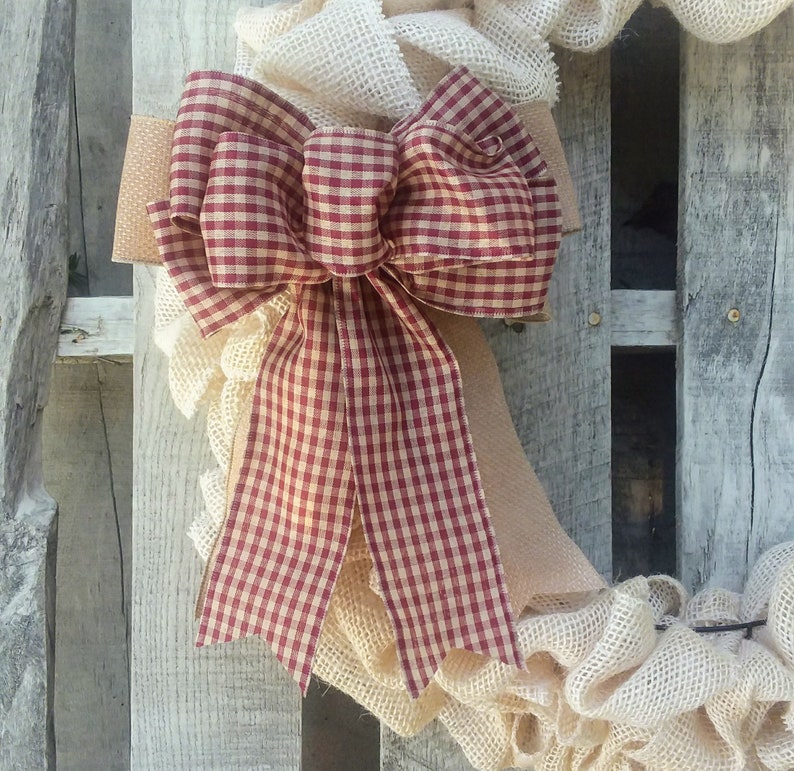 Gingham and Faux Burlap Bow, Small Checkered Bow for Wreaths, Farmhouse ...
