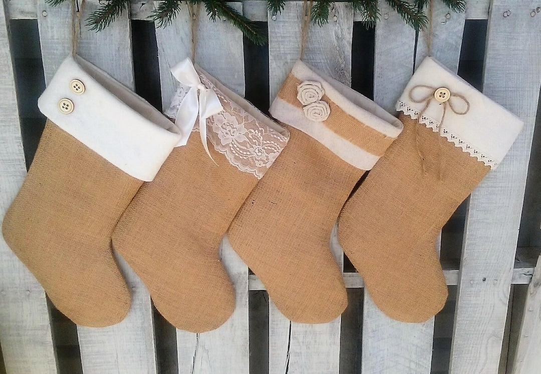Rustic Burlap and Ivory Christmas Stocking, Personalized Stocking ...