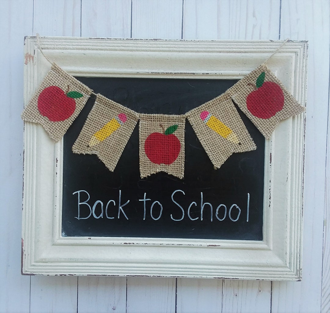 Reversible Burlap Mini Apple and Pencil Banner, Small Space Back to ...