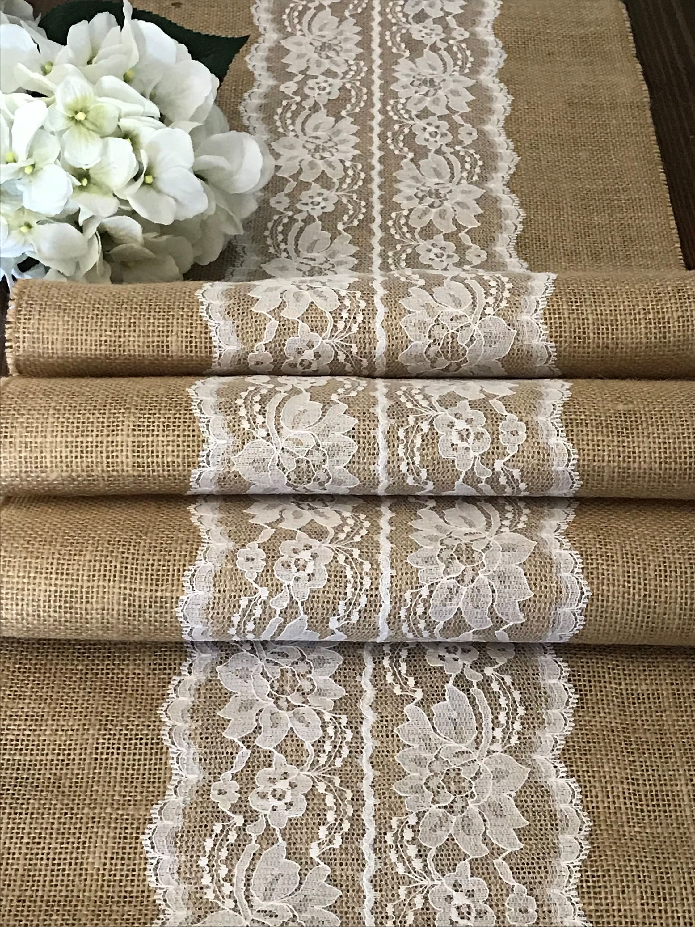 Burlap Table Runner with Ivory or White Lace Center Farmhouse | Etsy