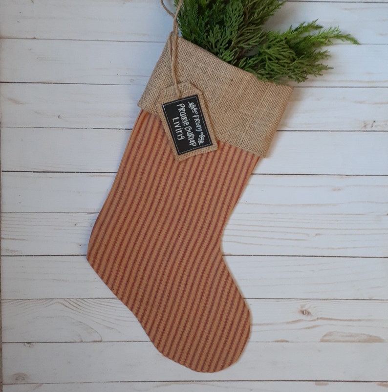 Farmhouse Christmas Stockings Red Striped Ticking and Burlap | Etsy