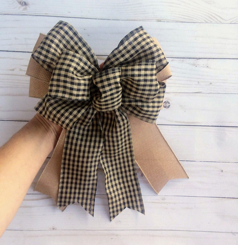 Gingham and Faux Burlap Bow, Small Checkered Bow for Wreaths, Farmhouse ...