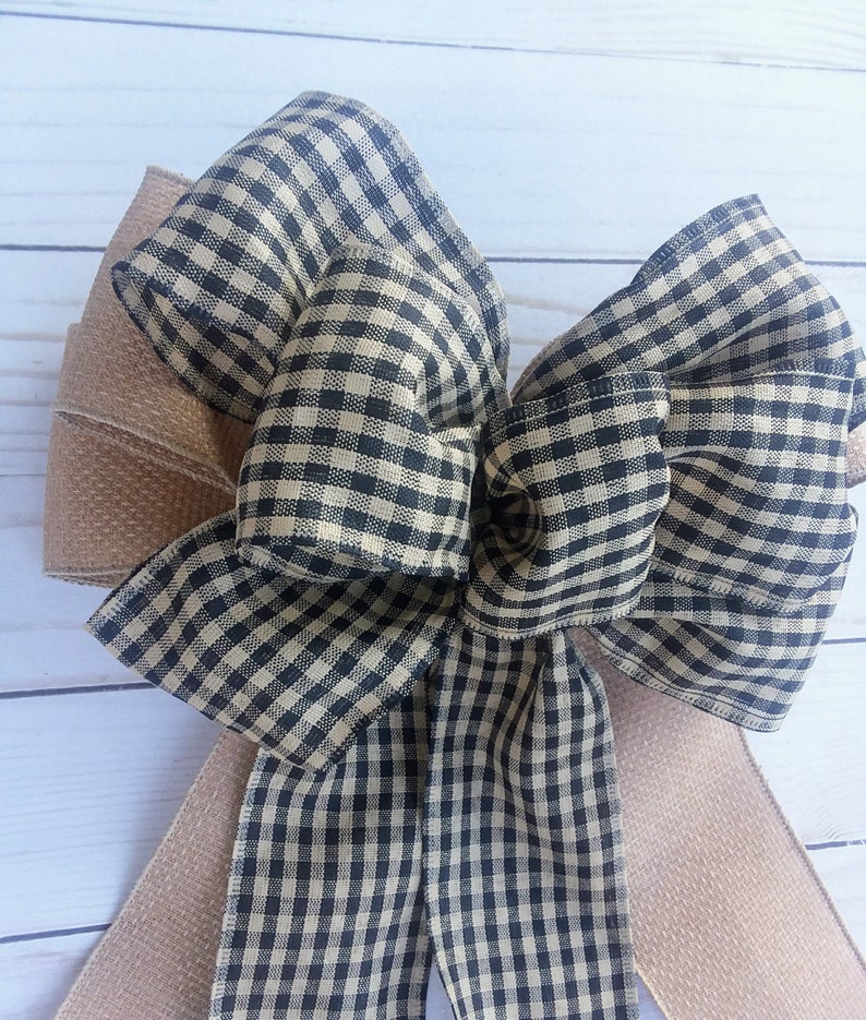 Gingham and Faux Burlap Bow, Small Checkered Bow for Wreaths, Farmhouse ...