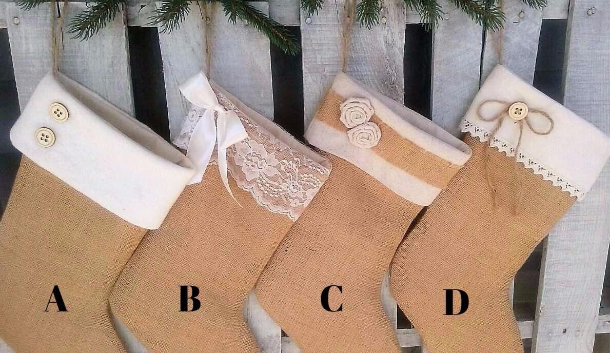 Rustic Burlap and Ivory Christmas Stocking Personalized | Etsy