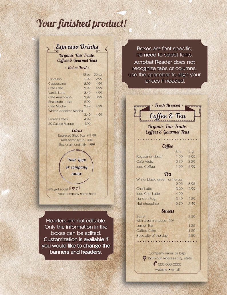 Coffee Cafe or Cart Rack Card Menu Editable Pdf Restaurant | Etsy