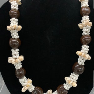 Hawaiian Koa Seed Cowrie Shell Kukui Nut Lei BROWN Kukui Lei Necklace ...