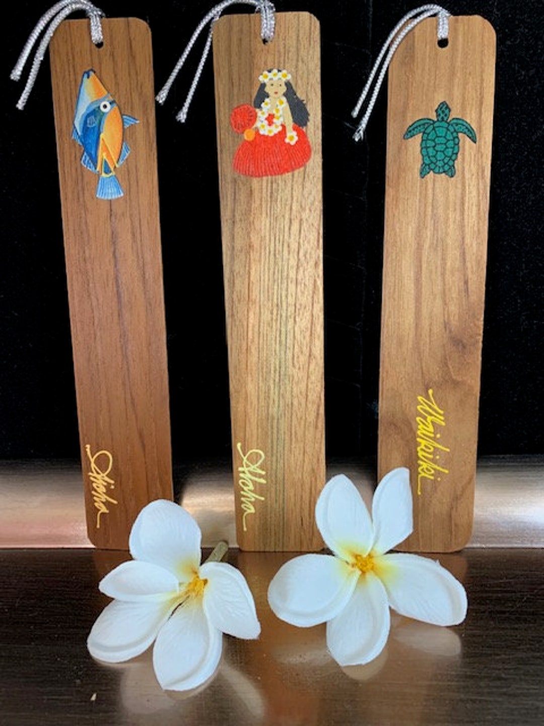 Hawaiian Hand Painted Wood Bookmark Turtle Fish Hula Girl 7.5 Inches ...