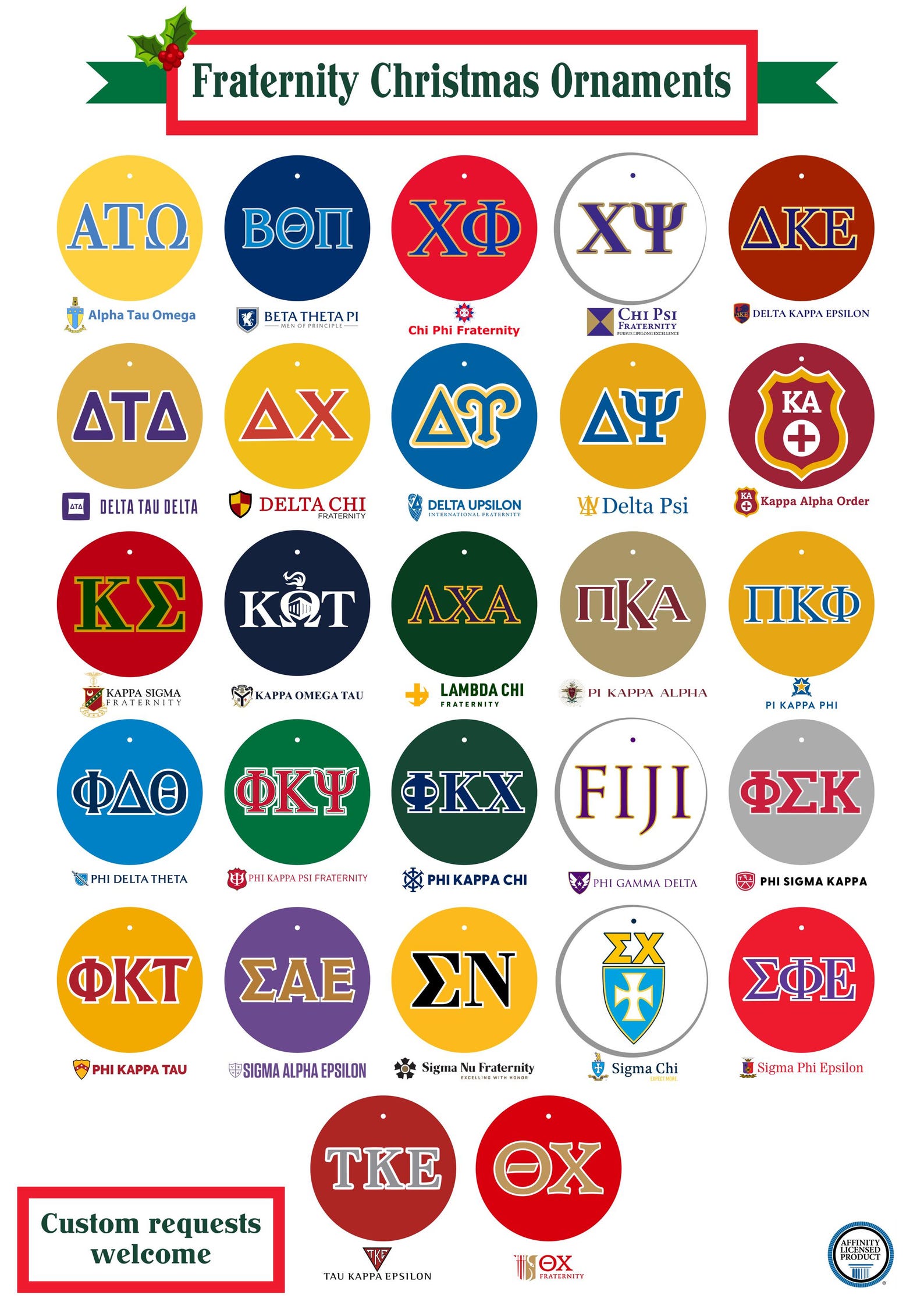 Fraternity Greek Letters Christmas Ornaments in Official Colors for ...