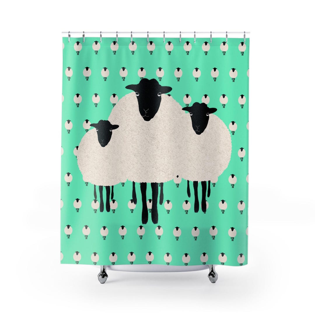 Whimsical Sheep Family Shower Curtain - Turquoise Farmhouse Bathroom ...