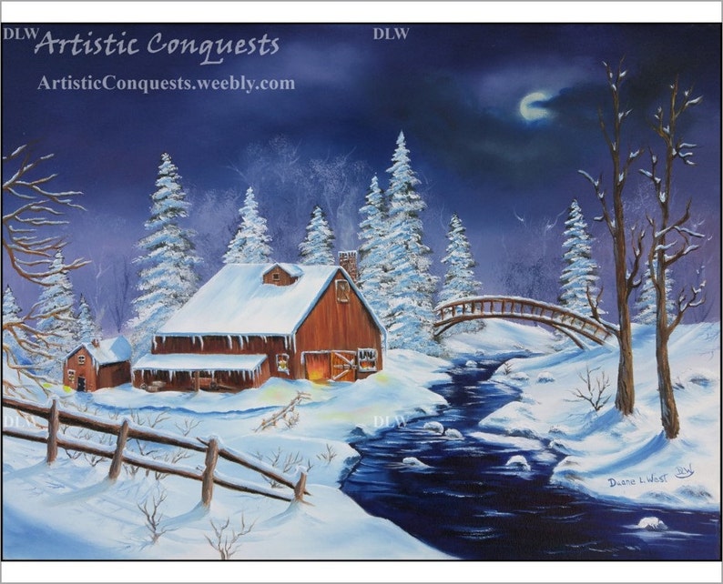 ORIGINAL Oil Painting Winter Barn Landscape / Full Moon, Blue Winter ...