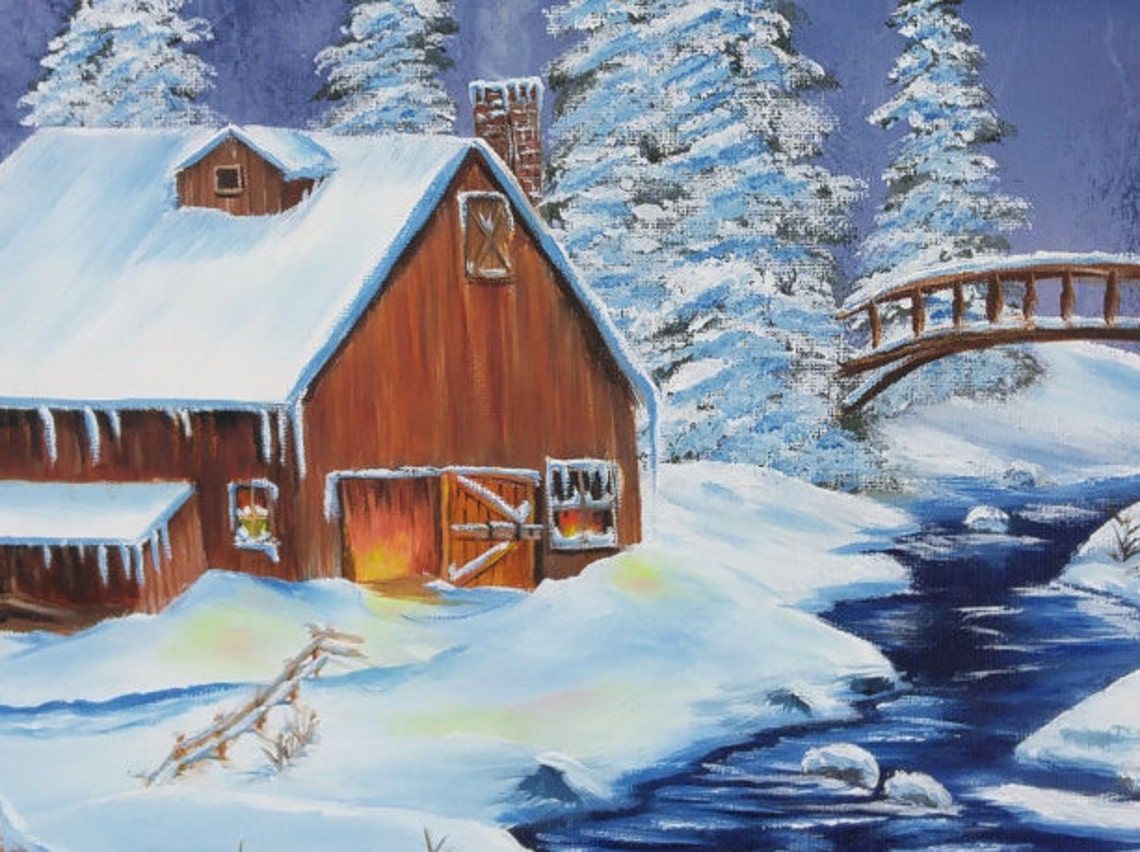 ORIGINAL Oil Painting Winter Barn Landscape / Full Moon, Blue Winter ...