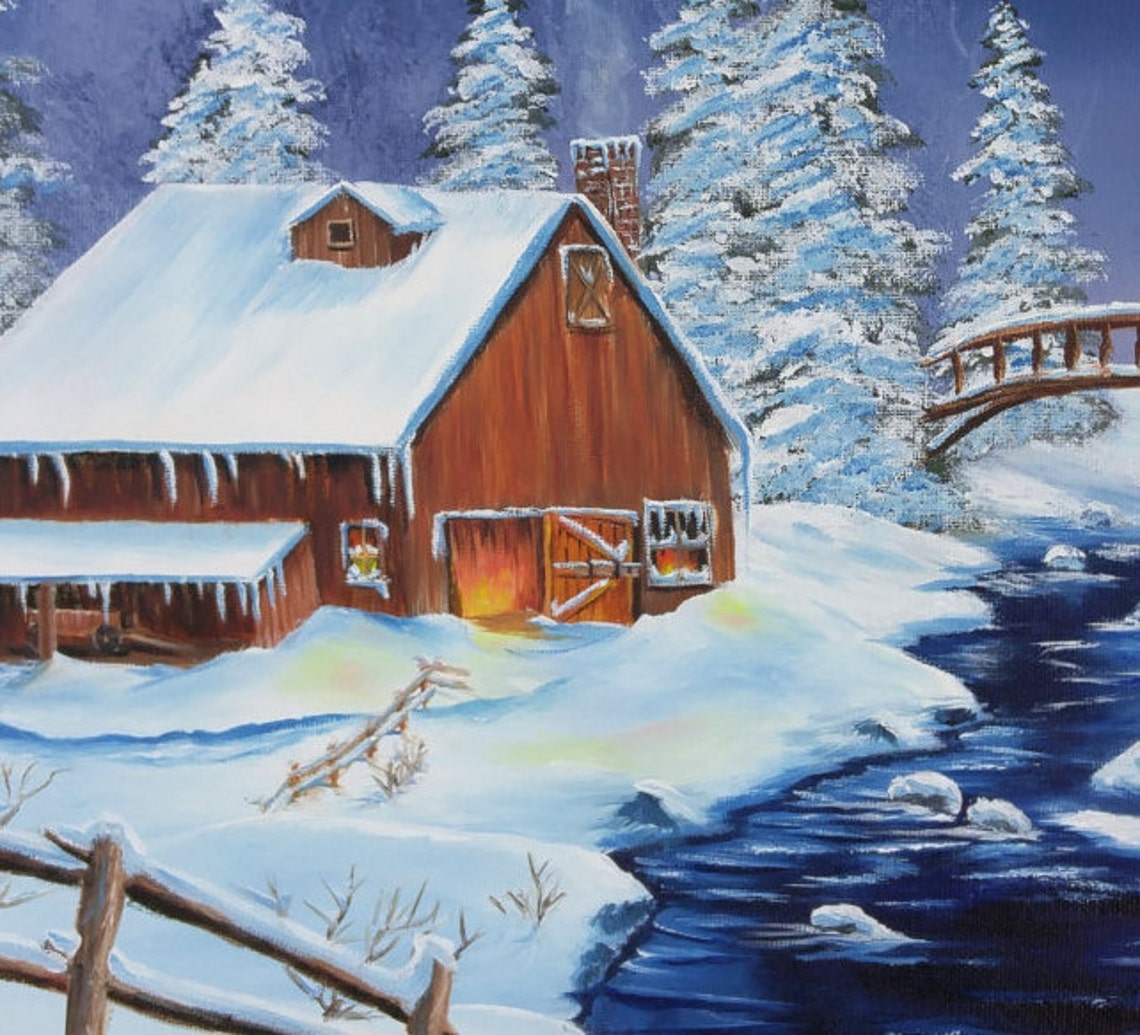 PRINT winter Barn Ranch Landscape Art / Full Moon Winter Night ...