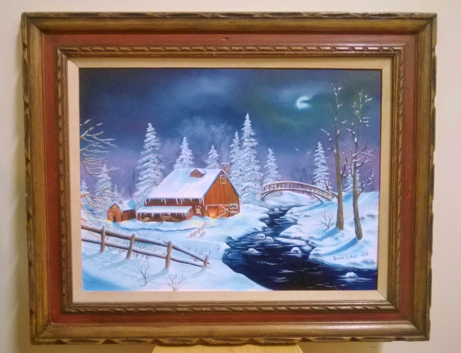 PRINT winter Barn Ranch Landscape Art / Full Moon Winter Night ...