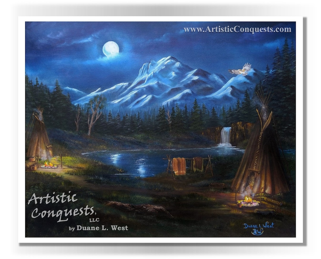 PRINT - Shoshone Native American Summer Camp, Mountain River Landscape ...