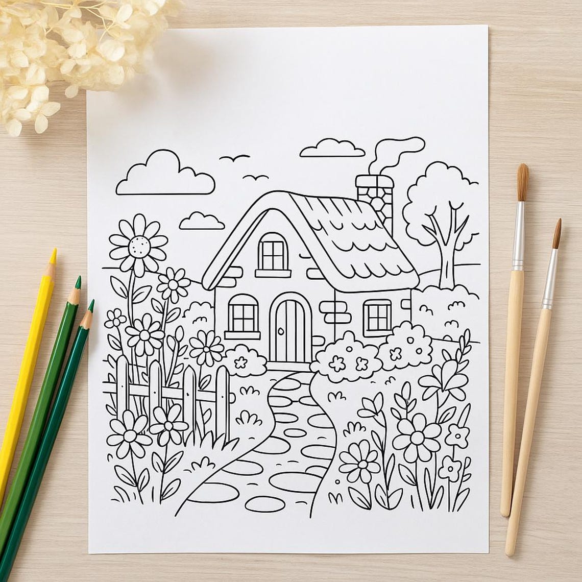 Cottagecore Coloring Page | Printable Coloring Sheet | Cozy Cottage ...