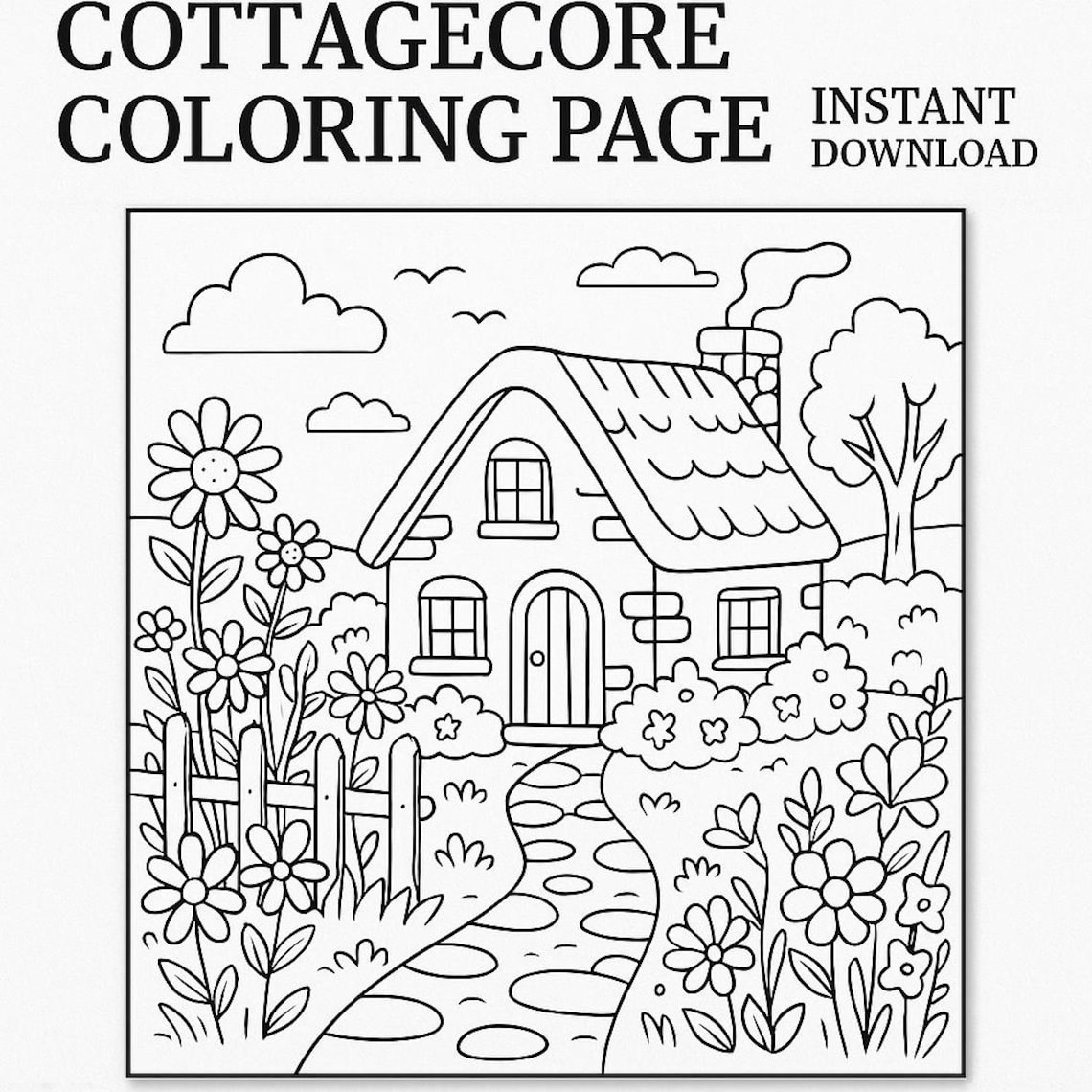 Cottagecore Coloring Page | Printable Coloring Sheet | Cozy Cottage ...