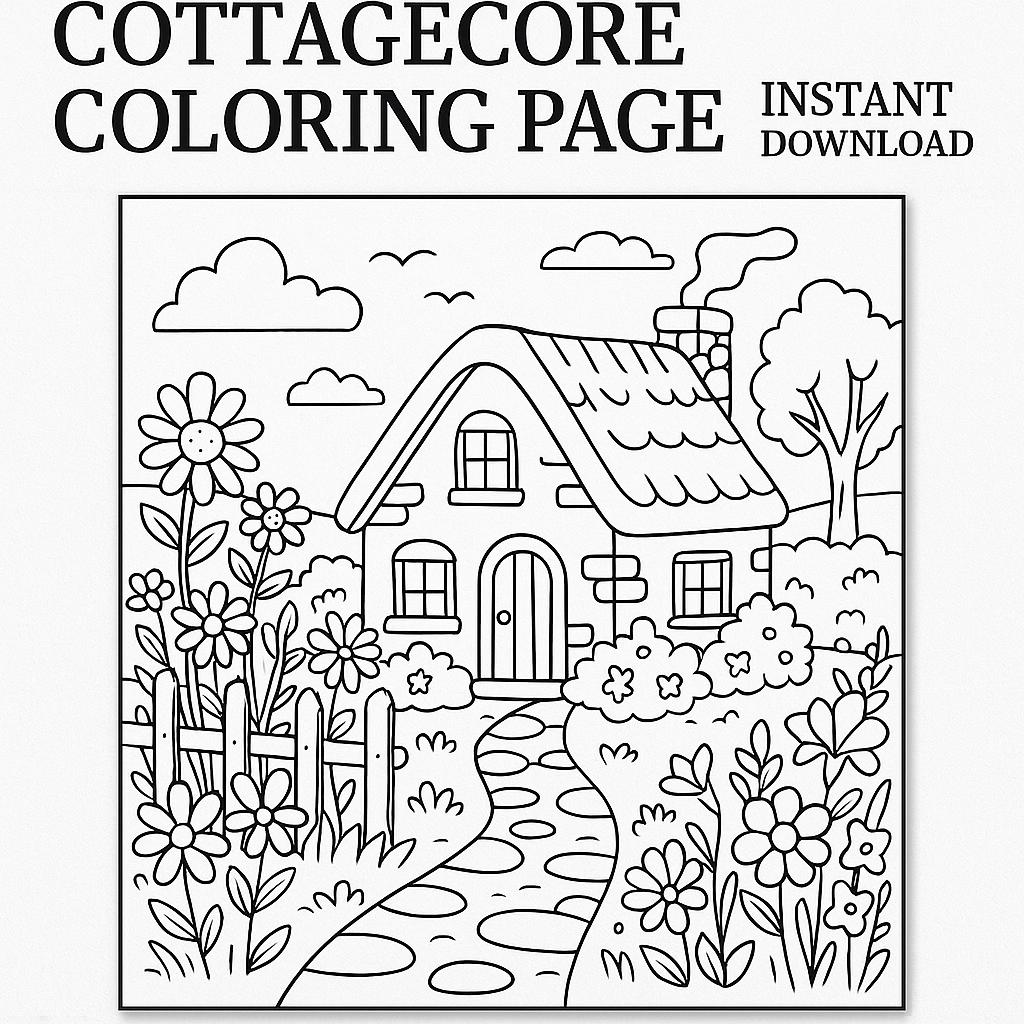 Cottagecore Coloring Page | Printable Coloring Sheet | Cozy Cottage ...