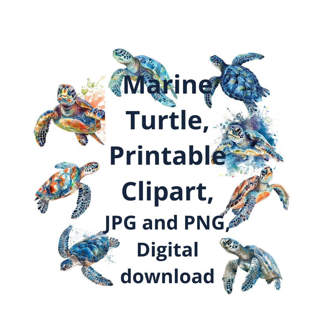 Marine Turtle, 8 Watercolor Printable Clipart, JPG and PNG, Digital ...