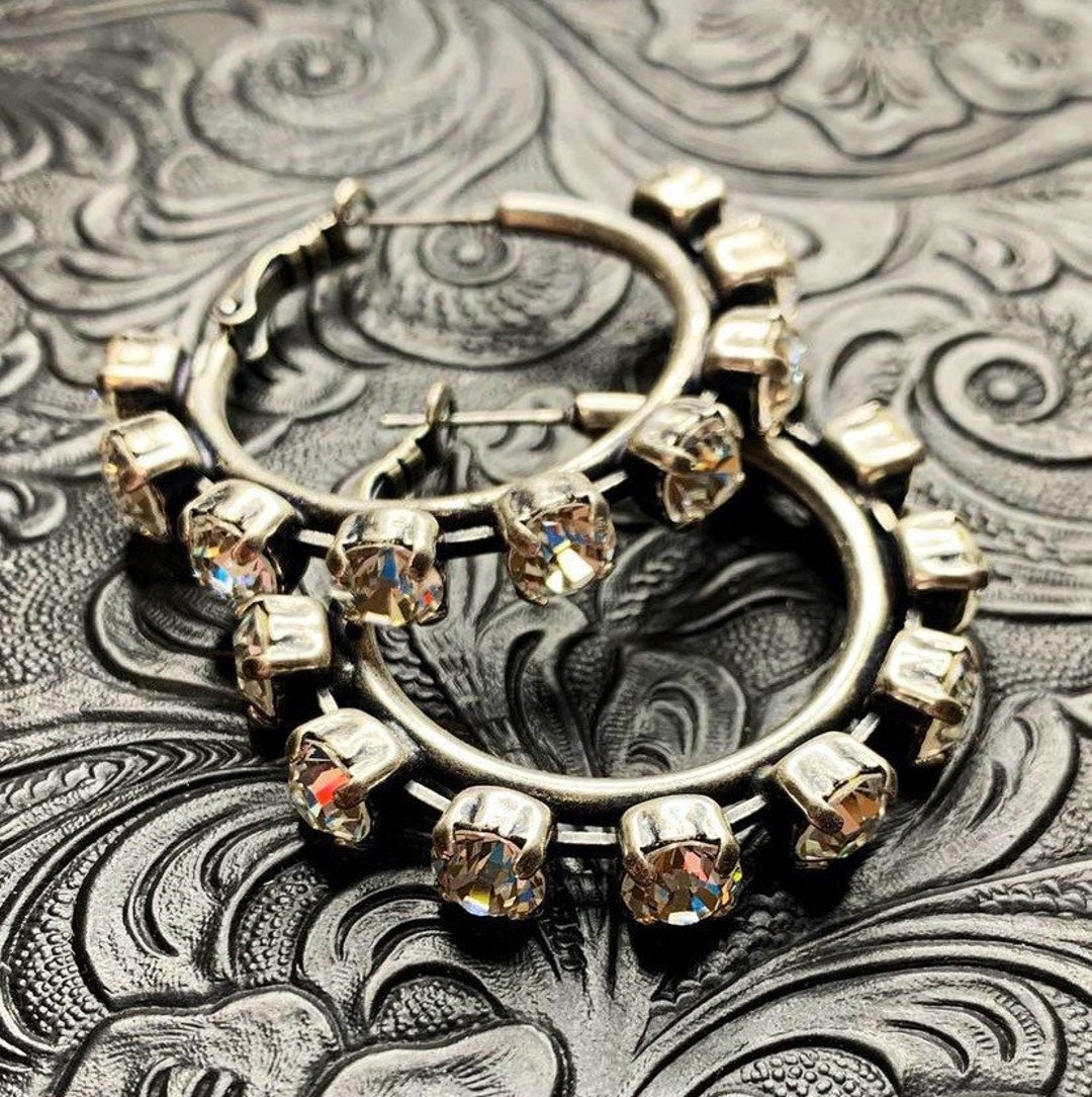 SWAROVSKI HOOPS 6mm Antique Silver Nickel Free Hoop Earrings With Clear ...