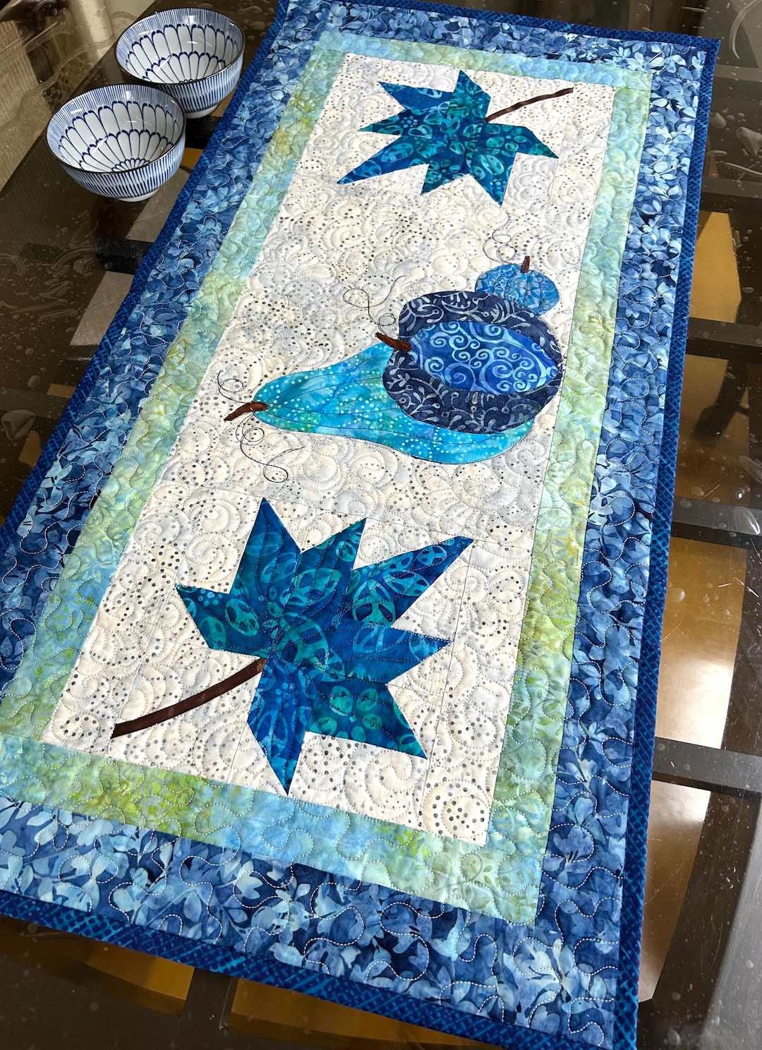 Blue Maple Leaf Table Runner – Quilted Fall Decor, Handmade Batik ...