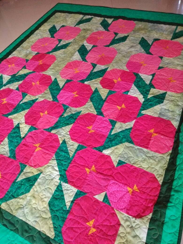 Poppies Quilt, Hollyhock Flower Garden Twin Quilt, Queen Size Quilt ...