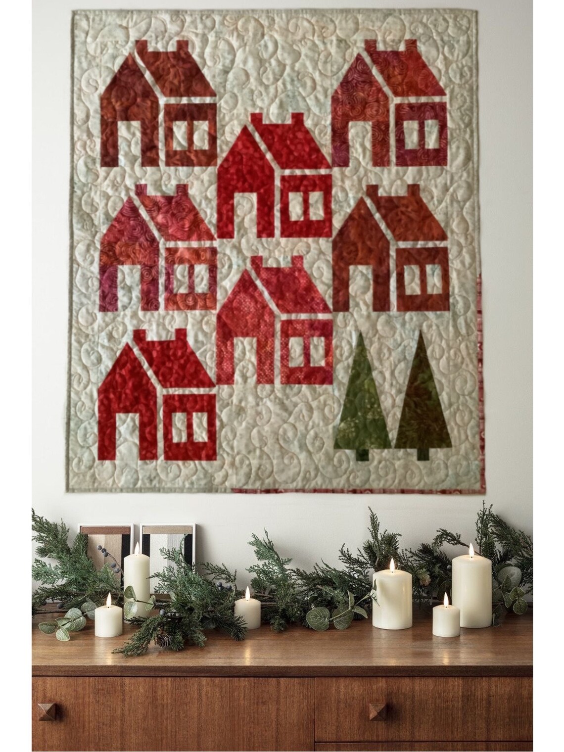 Schoolhouse Block Quilt, House Quilt, Christmas Decoration, Red and ...