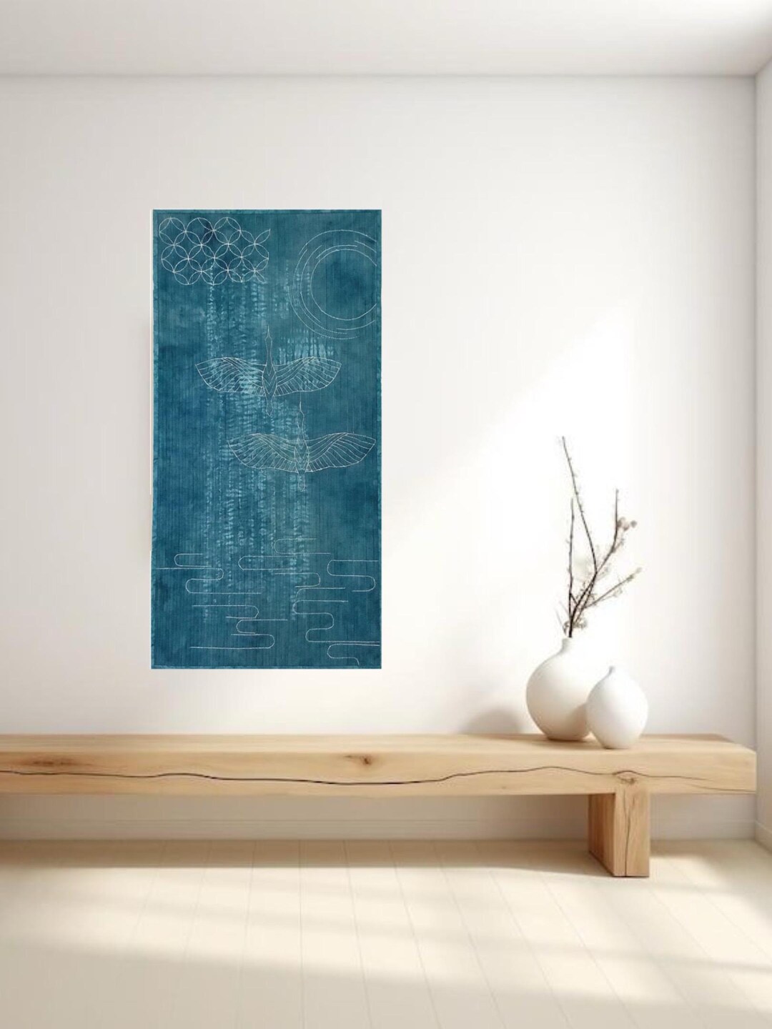 Cranes in Moonlight, Japandi Indigo Wall Art Quilt, Hand Dyed Shibori ...
