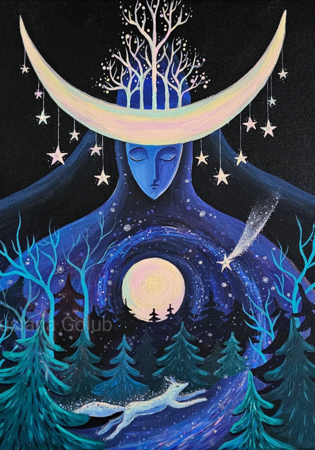Art Print Moon Goddess Gaia Star Mother Woodland Night Falling Star ...