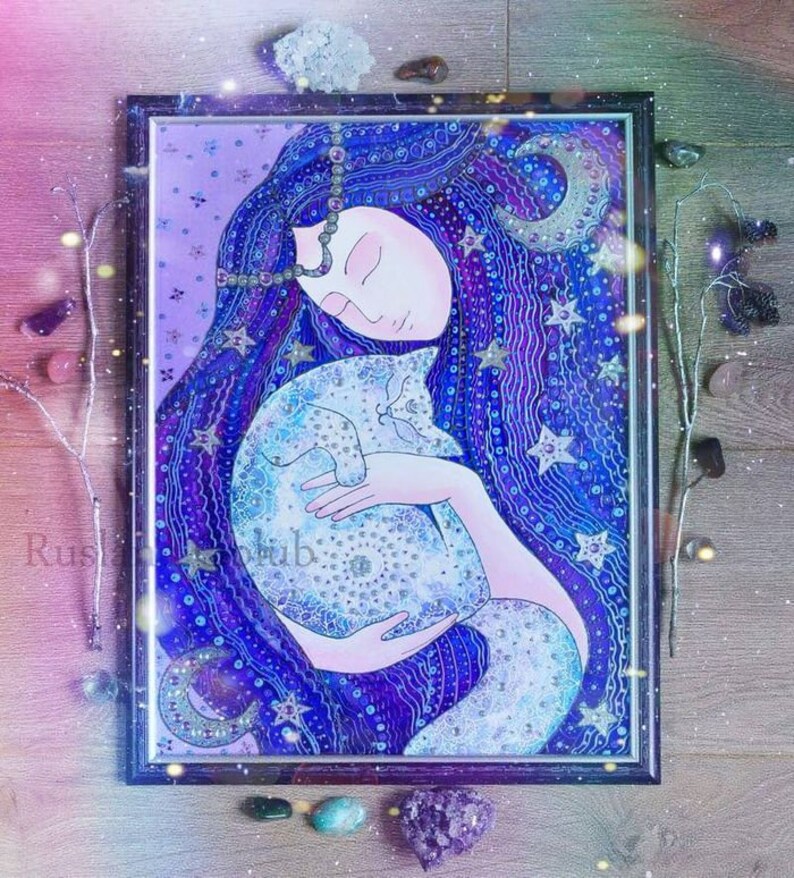 Art Print Moon Goddess Witch Magical Cat White Cat Mother's Day Card ...