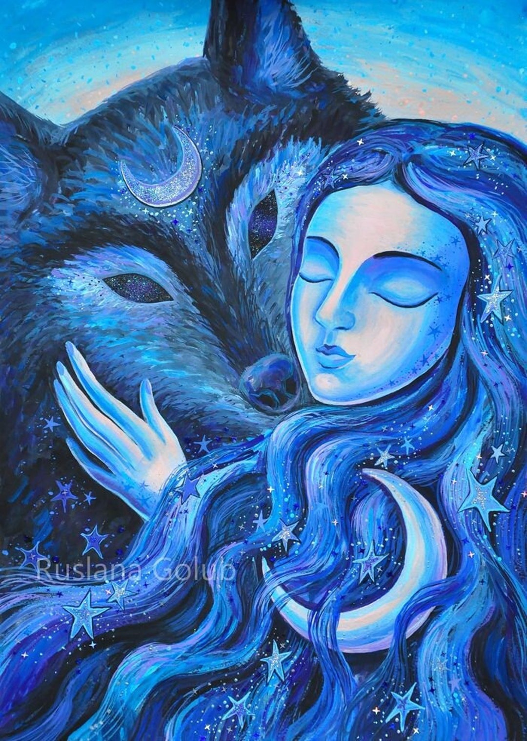 Art Print Moon Goddess With Wolf Witch Altar Wolf Totem Mother Earth ...