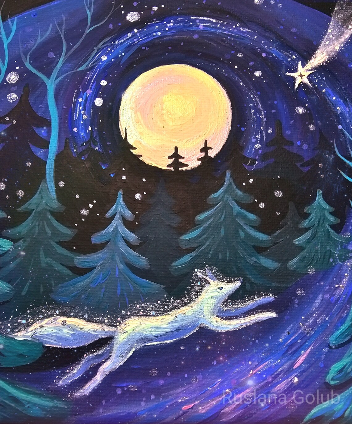 Art Print Moon Goddess Gaia Star Mother Woodland Night Falling Star ...