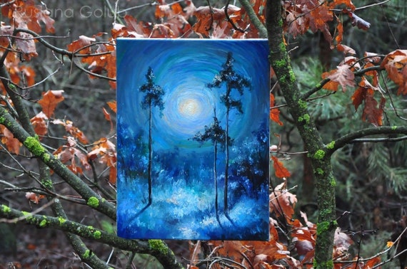 Acrylic Winter Moon } pine tree and moon phase painting Art ...
