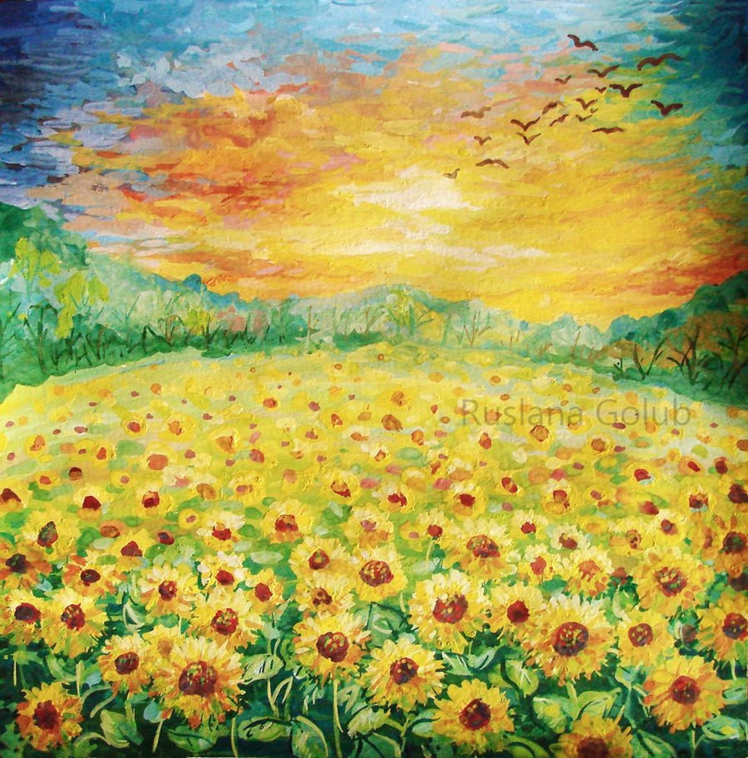 Art Print Sunflower Field Ukraine Impressionist Art Magical Sunset Sky ...