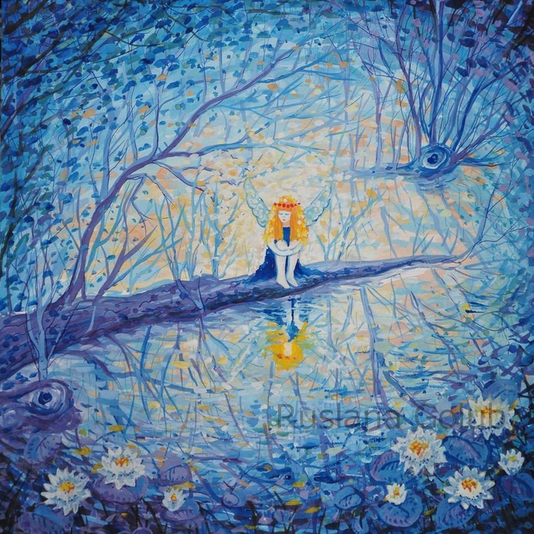 Fairy on Lake Art Print, Redhead Witch, Magical Wings, Lotus, Wiccan ...