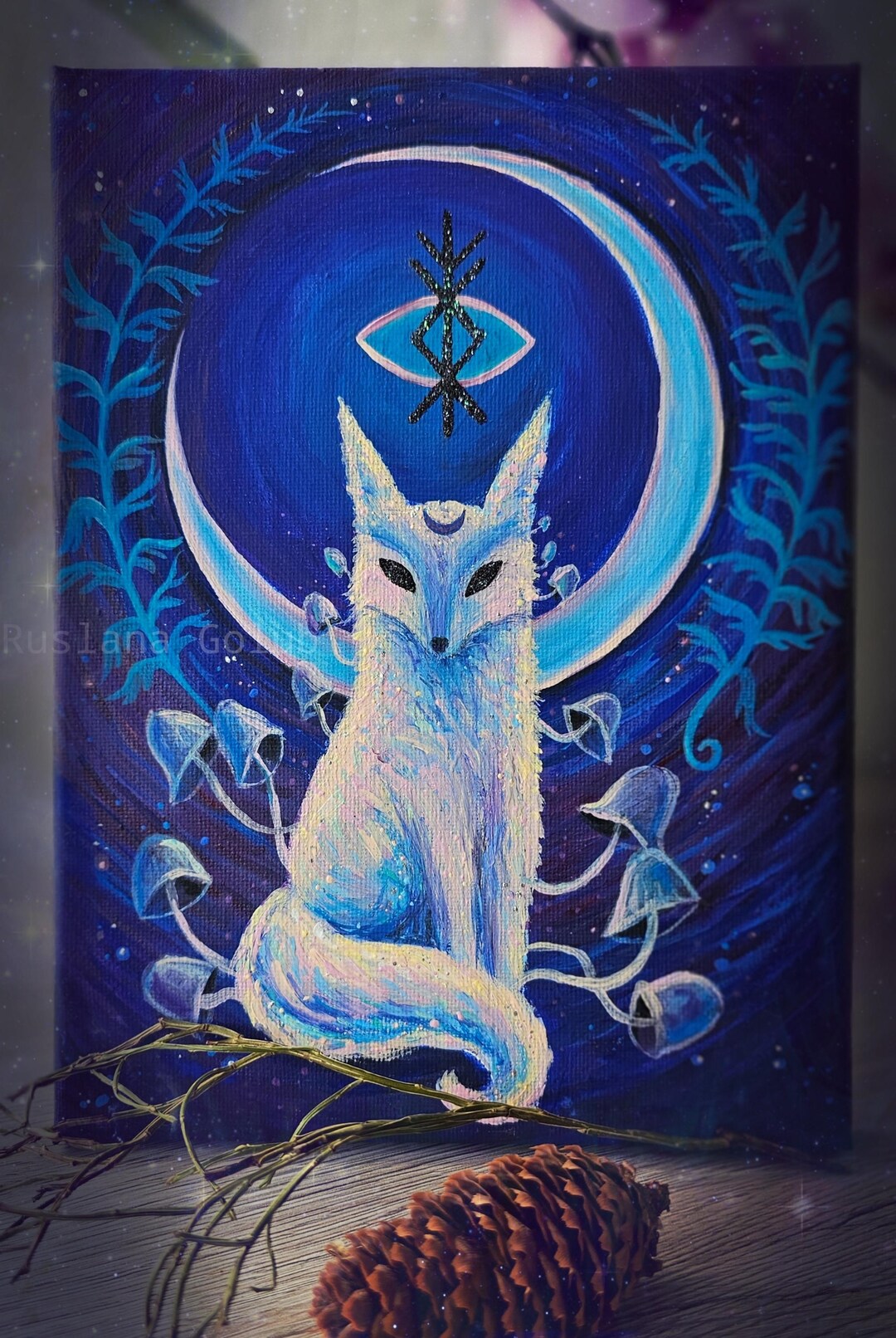 Magical White Fox Art Print, Witch Altar Crescent Moon, Gothic Decor ...