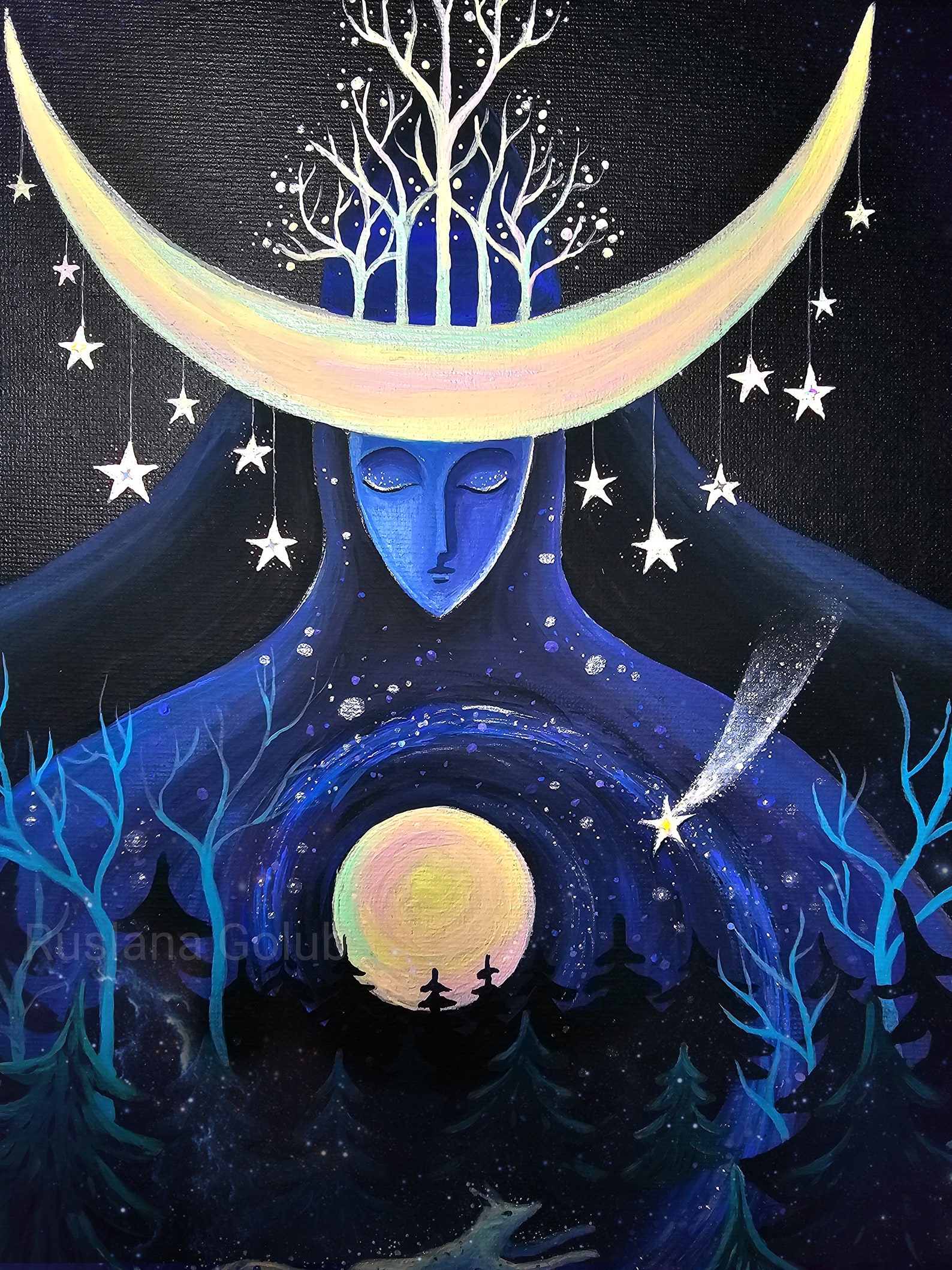 Art Print Moon Goddess Gaia Star Mother Woodland Night Falling Star ...