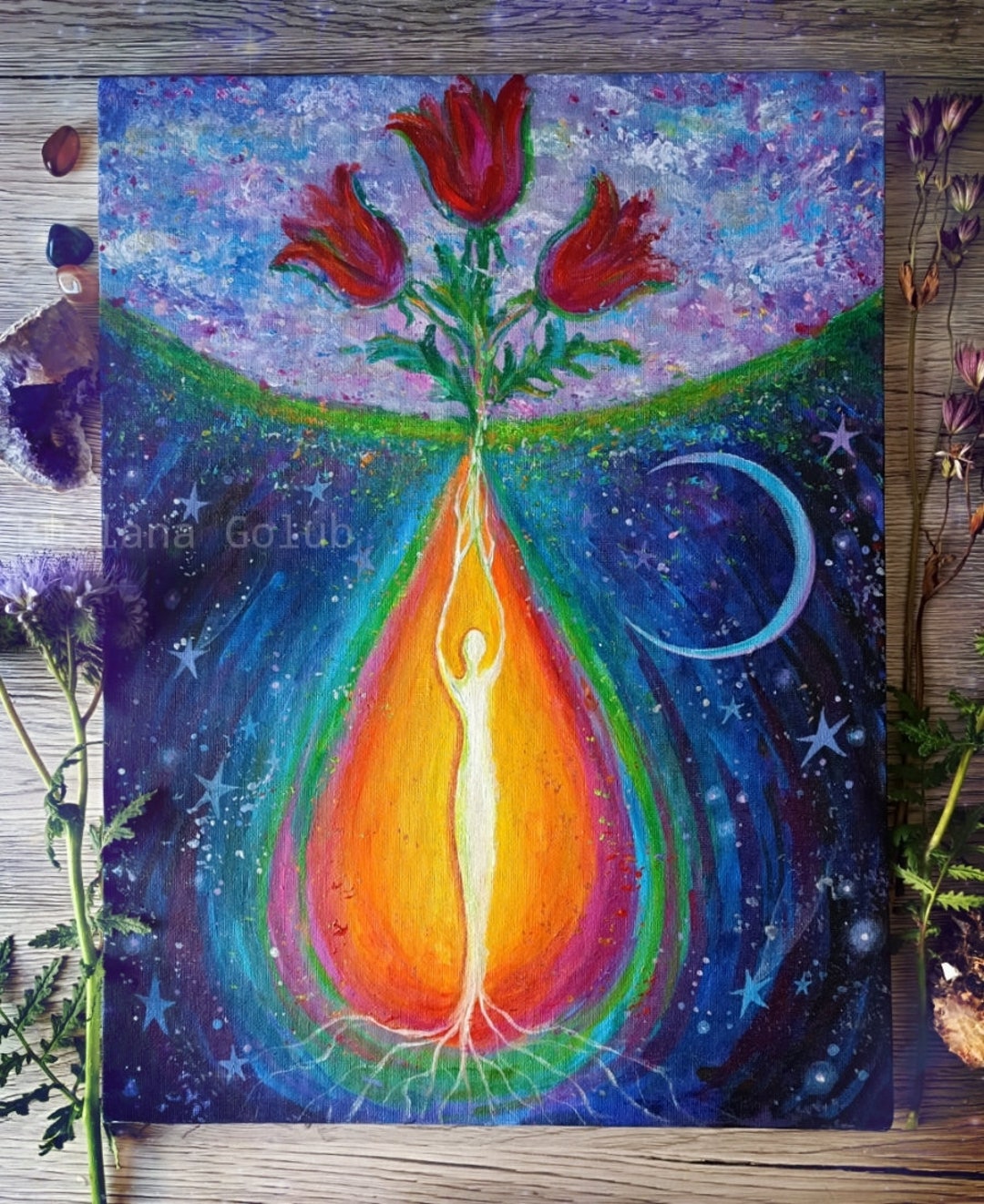 Original Painting Soul of Flower Gaia Garden Goddess Stars and Moon ...