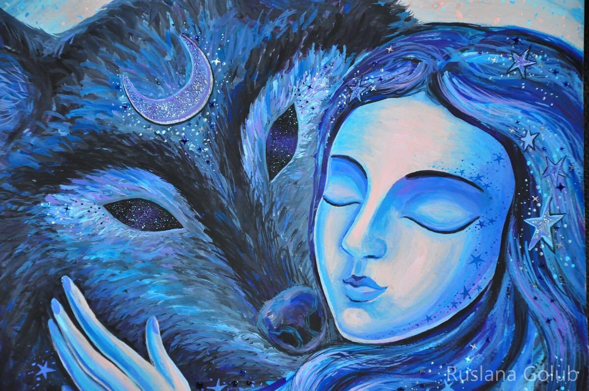 Art Print Moon Goddess With Wolf Witch Altar Mother Earth Gaia | Etsy