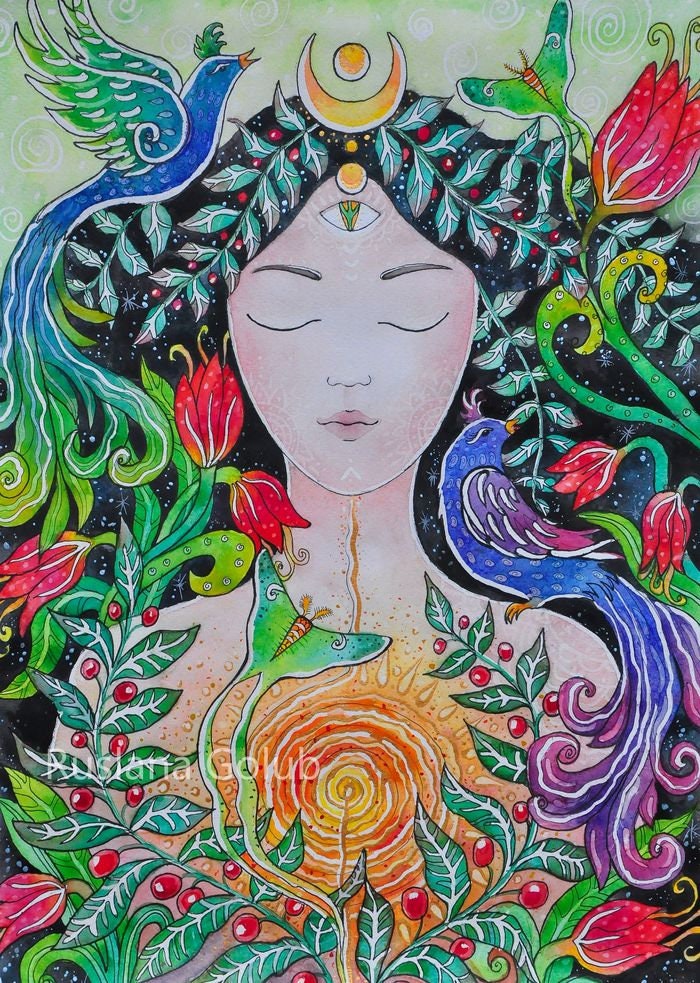 Gaia Art Print: Mother Nature, Earth Goddess Forest Witch, Feminine Art ...
