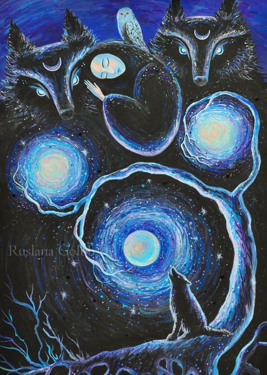 Art Print Earth Goddess Wolf Goddess Full Moon Mother Nature Gaia ...