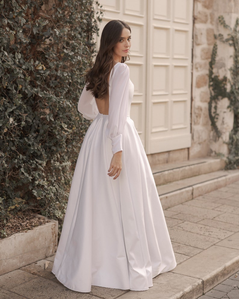 Minimalist Long Sleeves Gown White Wedding Gown Luxury - Etsy