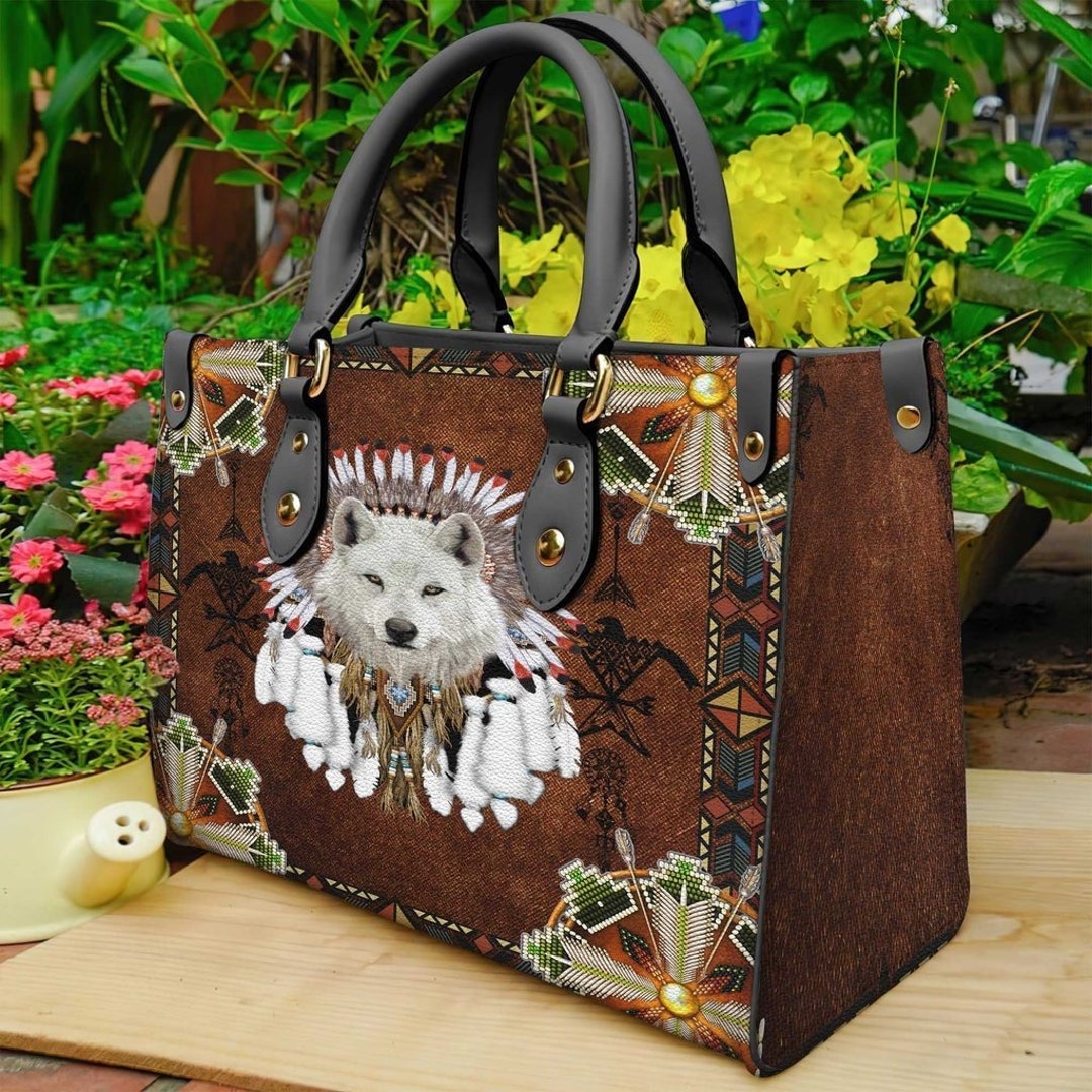 White Wolf With Headress Feathers Leather Bag, Custom Women Bag and ...