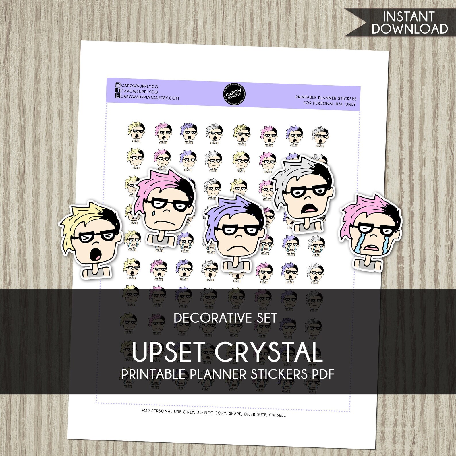 Printable Planner Stickers Decorative Set Upset Angry Sad Crying ...