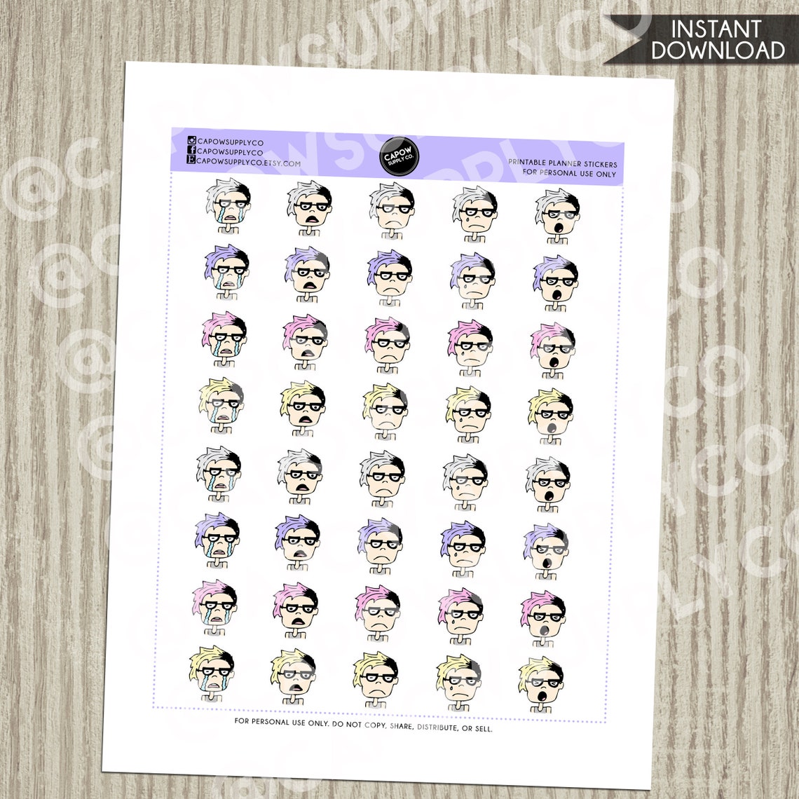 Printable Planner Stickers Decorative Set Upset Angry Sad Crying ...